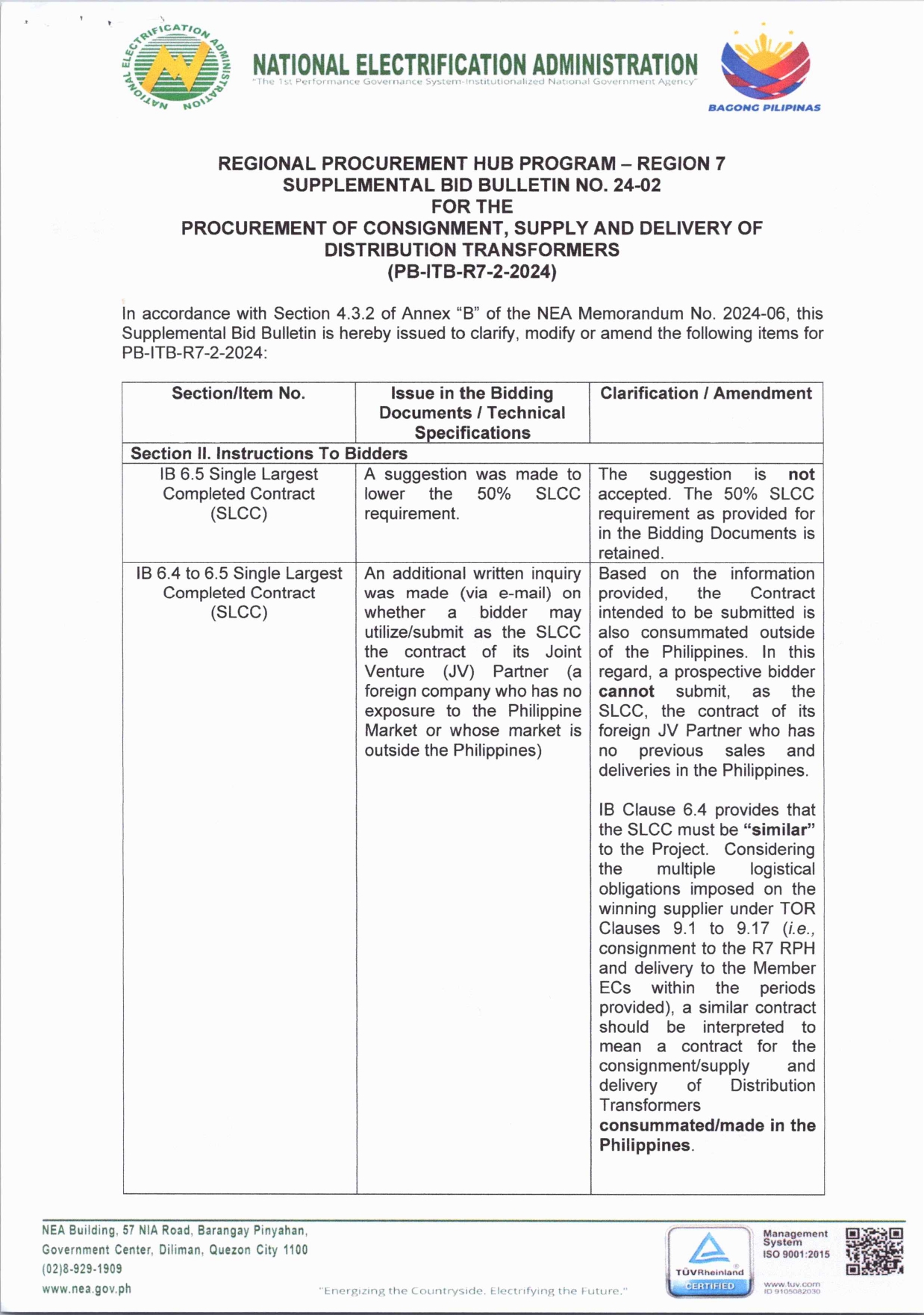 RPH PROGRAM-REGION 7 SUPPLEMENTAL BID BULLETIN NO. 24-02 FOR THE ...