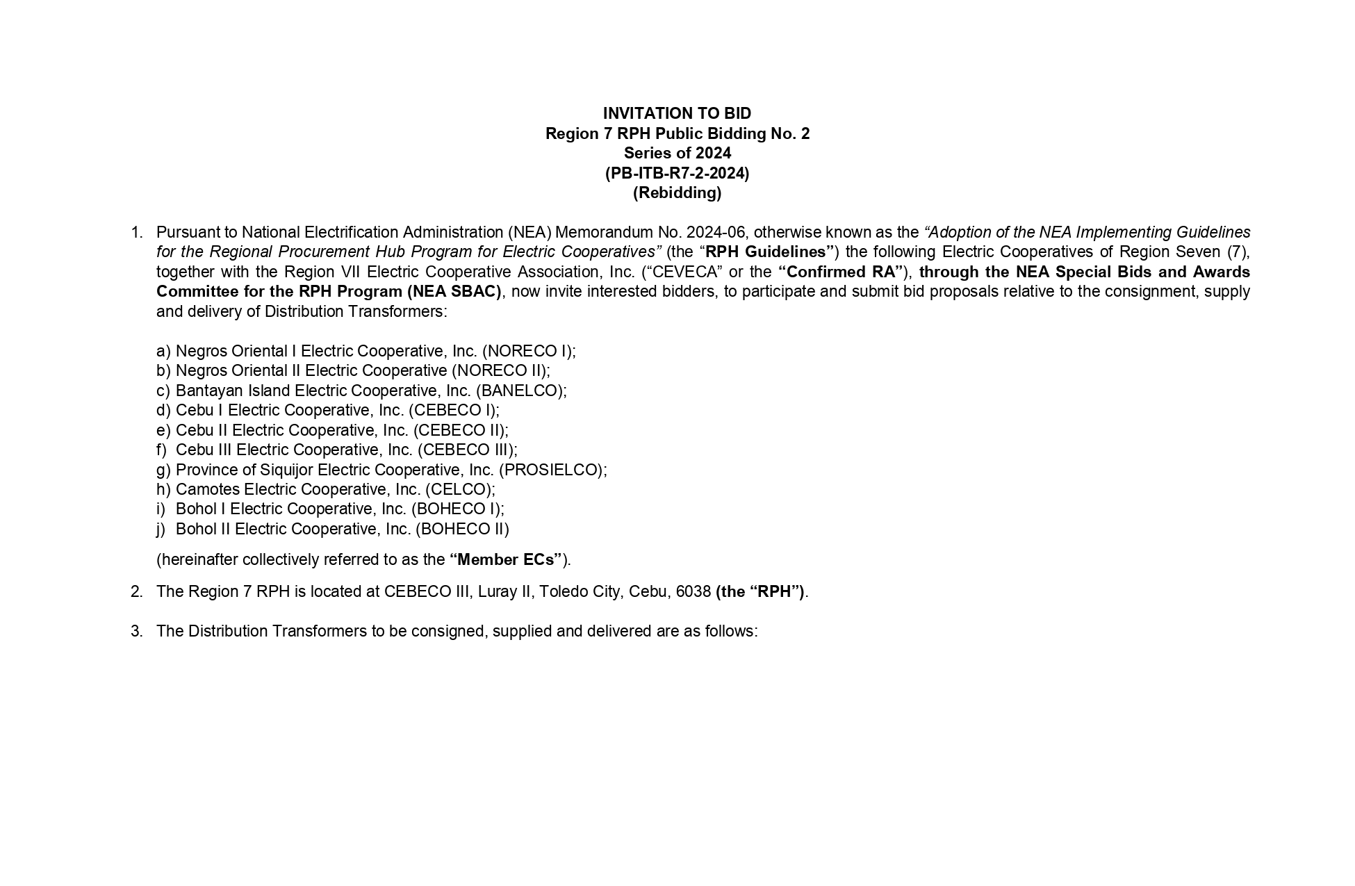R7 RPH ITB Dist. Transformers (PB-ITB-R7-2-2024) (Rebidding) – CEBECO III