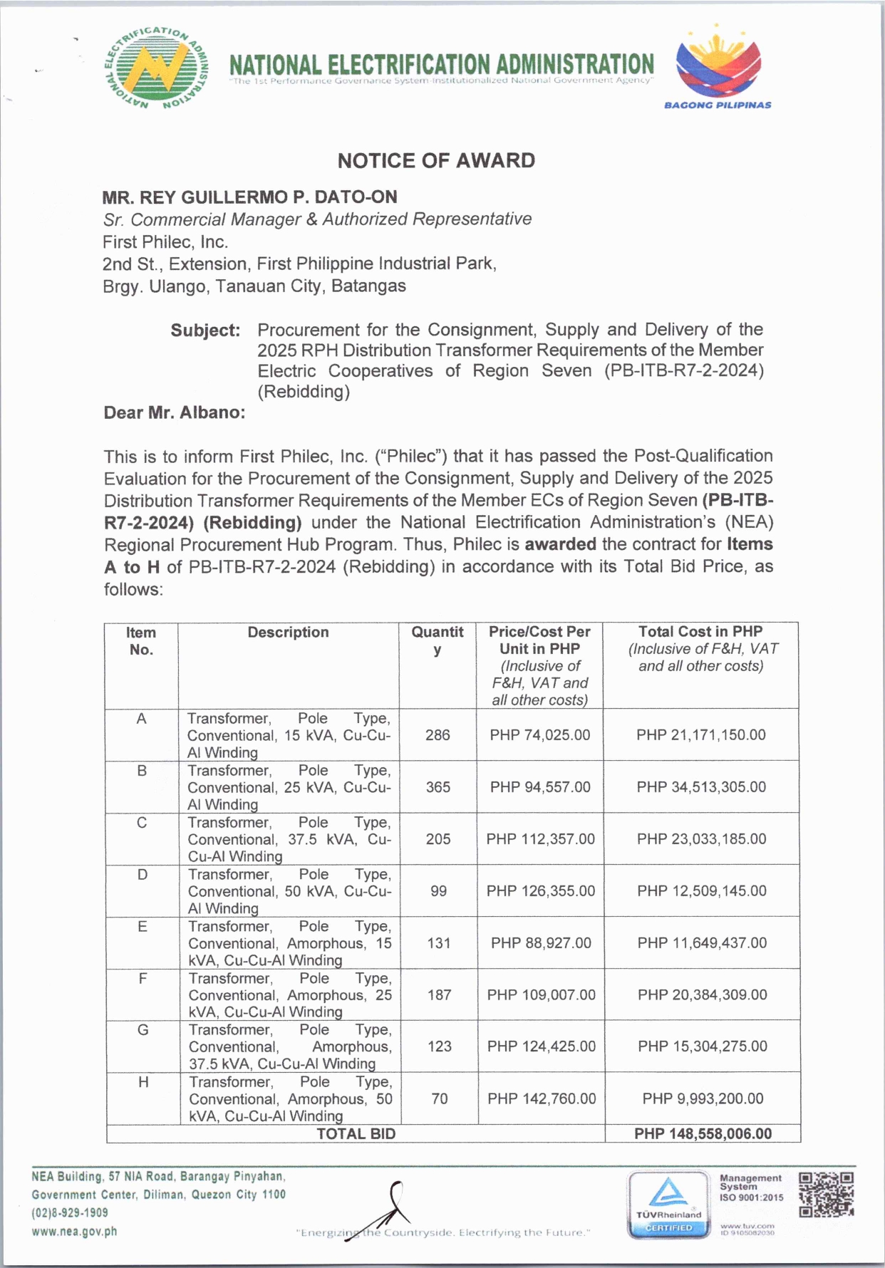 NOTICE OF AWARD – PB-ITB-R7-2-2024 (Rebidding) – CEBECO III