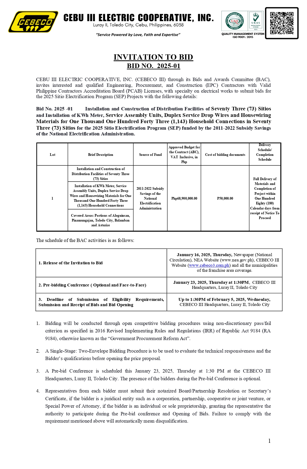 INVITATION TO BID. – CEBECO III