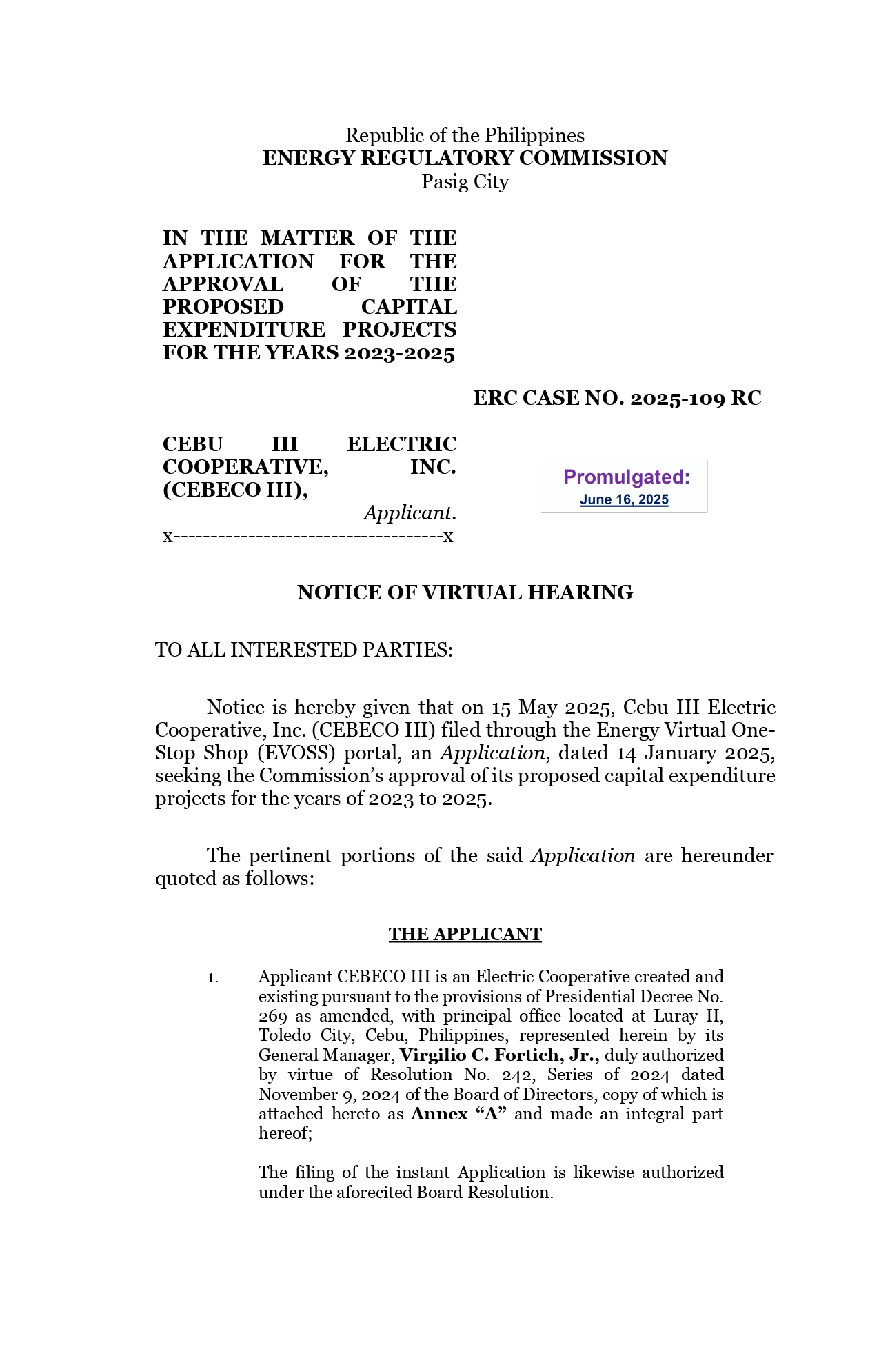 Notice of Virtual Hearing – CEBECO III