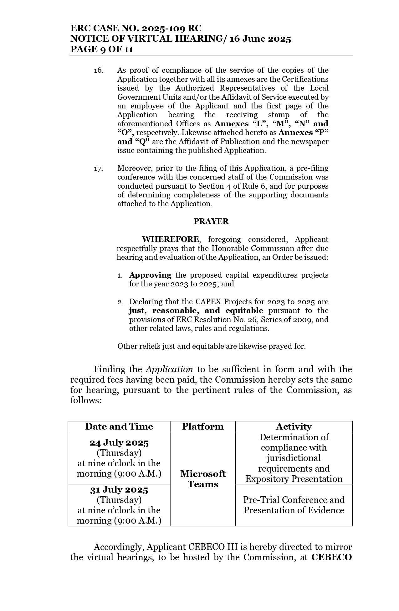 Notice of Virtual Hearing – CEBECO III