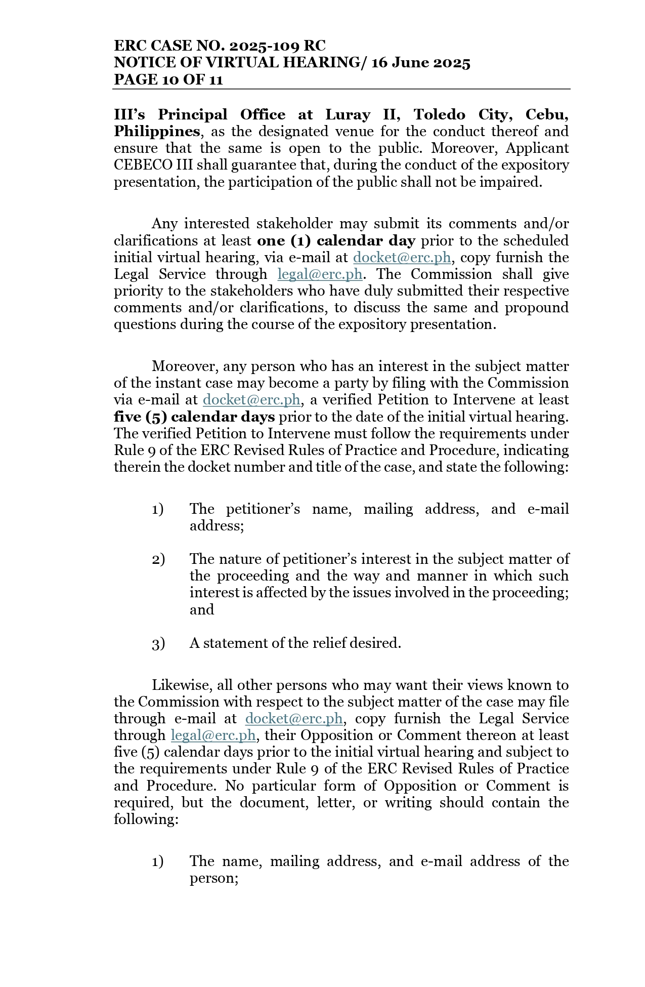 Notice of Virtual Hearing – CEBECO III