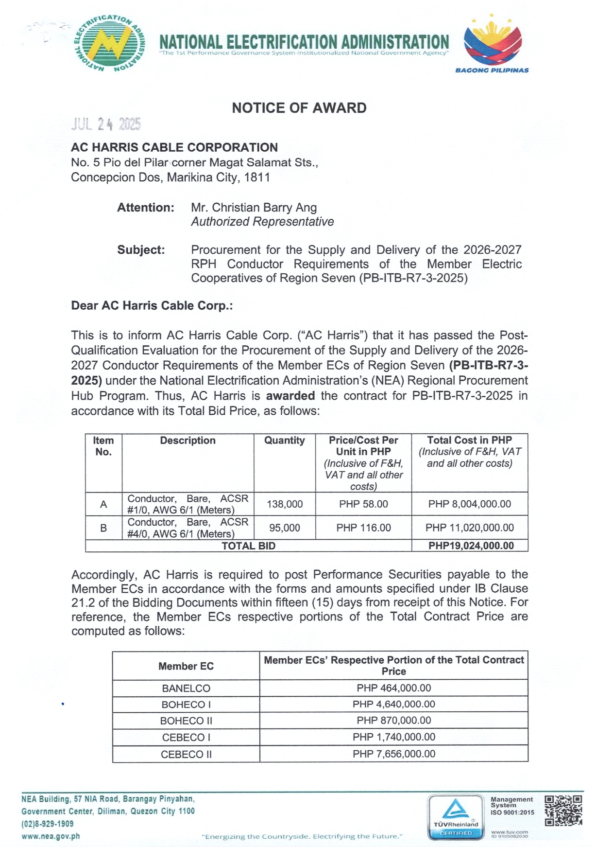 RPH NOA – R7 Conductors – CEBECO III
