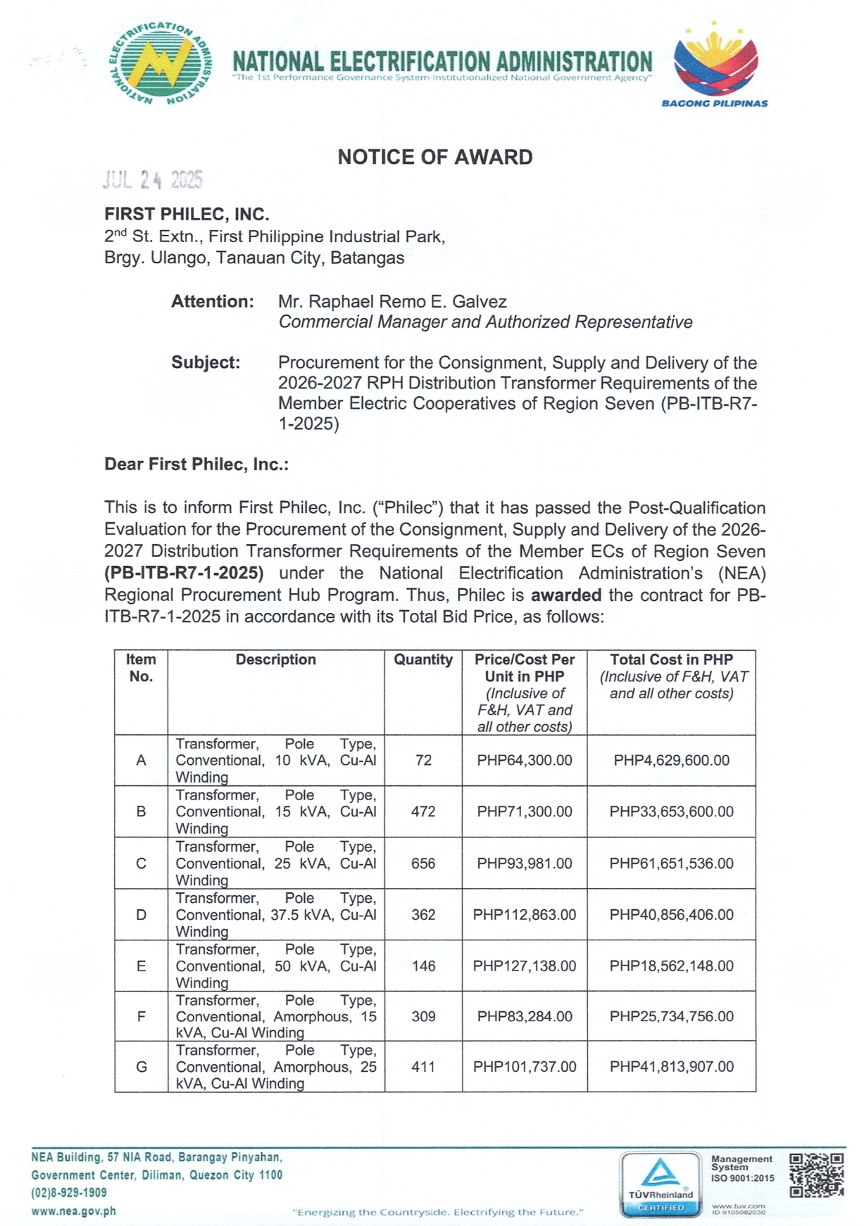 RPH NOA – R7 Distribution Transformers – CEBECO III