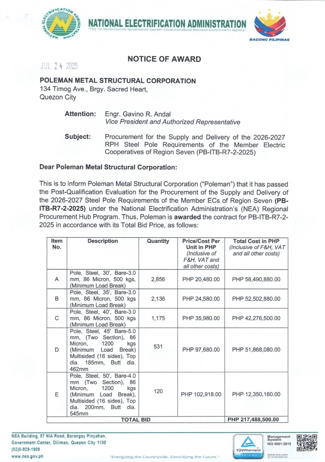 RPH NOA – R7 Steel Poles – CEBECO III