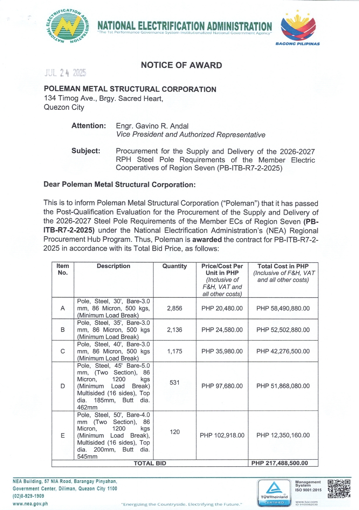 RPH NOA – R7 Steel Poles – CEBECO III